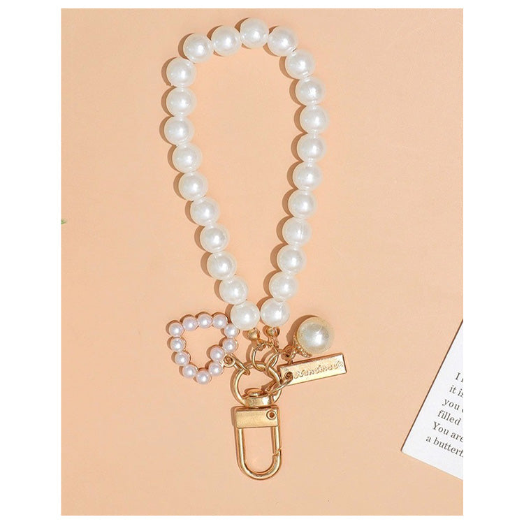 Pearl Beaded Keychain Bag Charm - Heart White - PinkPro Beauty Supply