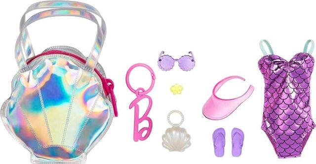 Barbie Set with Swimsuit, 5 Acessories & Shell-Shaped Bag with Clip-On ...